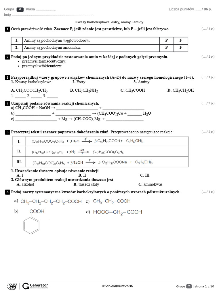Kwasy Karboksylowe, Estry, Aminy I Amidy Test (Z Widoczną Punktacją) | PDF