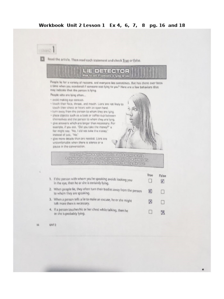Workbook Unit 2 Lesson 1 Ex 4, 6, 7, 8 Pg. 16 and 18 | PDF
