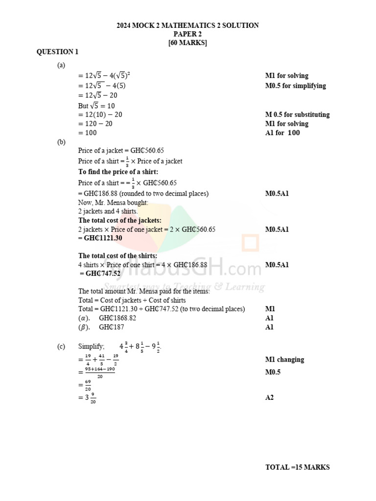 2024 Mock 2 Maths 2 Solution | PDF | Mathematical Objects | Mathematics