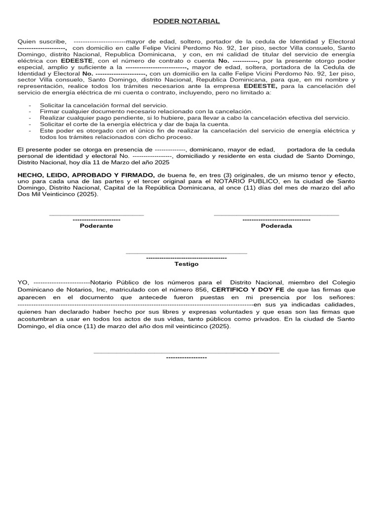 Poder Notarial para Cancelación de Servicio | PDF | República Dominicana