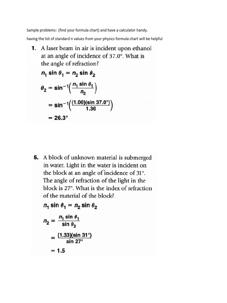 Snell Law Sample Problems W Answers | PDF
