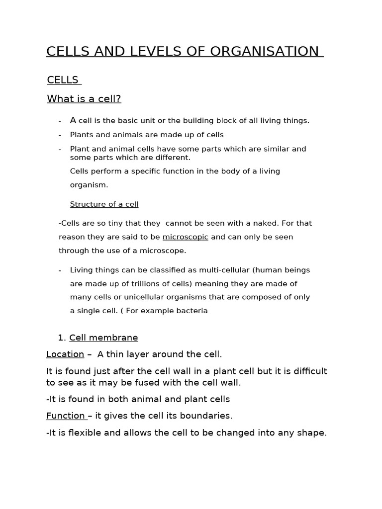 Cells and Levels of Organisation | PDF | Cell (Biology) | Vacuole