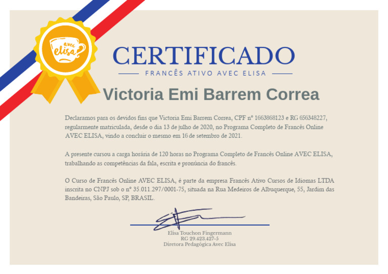 Certificado de Conclusão em Francês | PDF