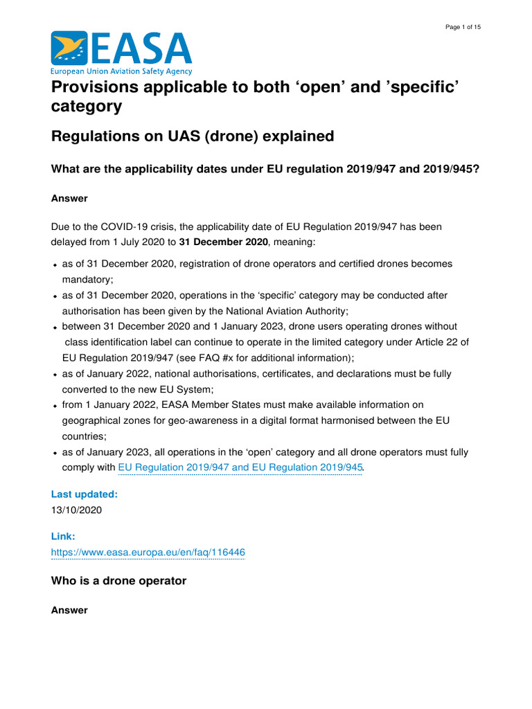 EASA - Provisions Applicable To Both Open and Specific Category | PDF ...