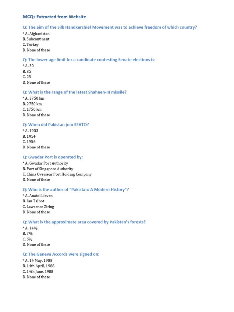 Pakistan History MCQs Quiz | PDF | Pakistan | Indus River