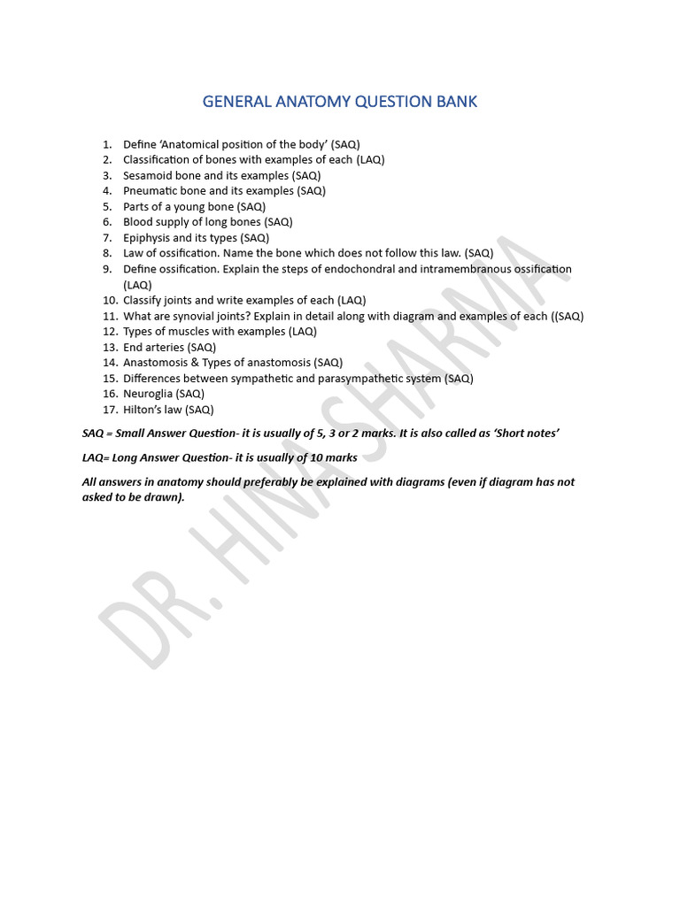 Anatomy Question Bank Overview | PDF