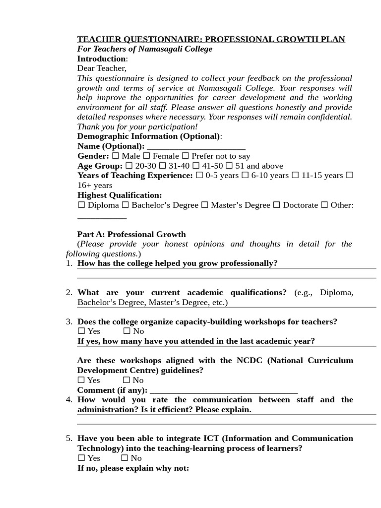 Teacher Questionnaire | PDF | Academic Degree | Teachers