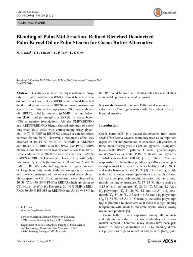 Biswas2016 RBD de PMF Con Aceite de Palmiste o Estearina de Palma para ...