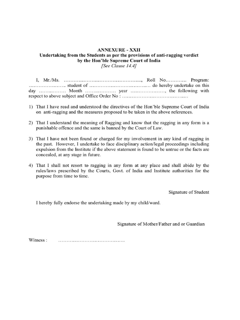 Anti Ragging Undertaking | PDF