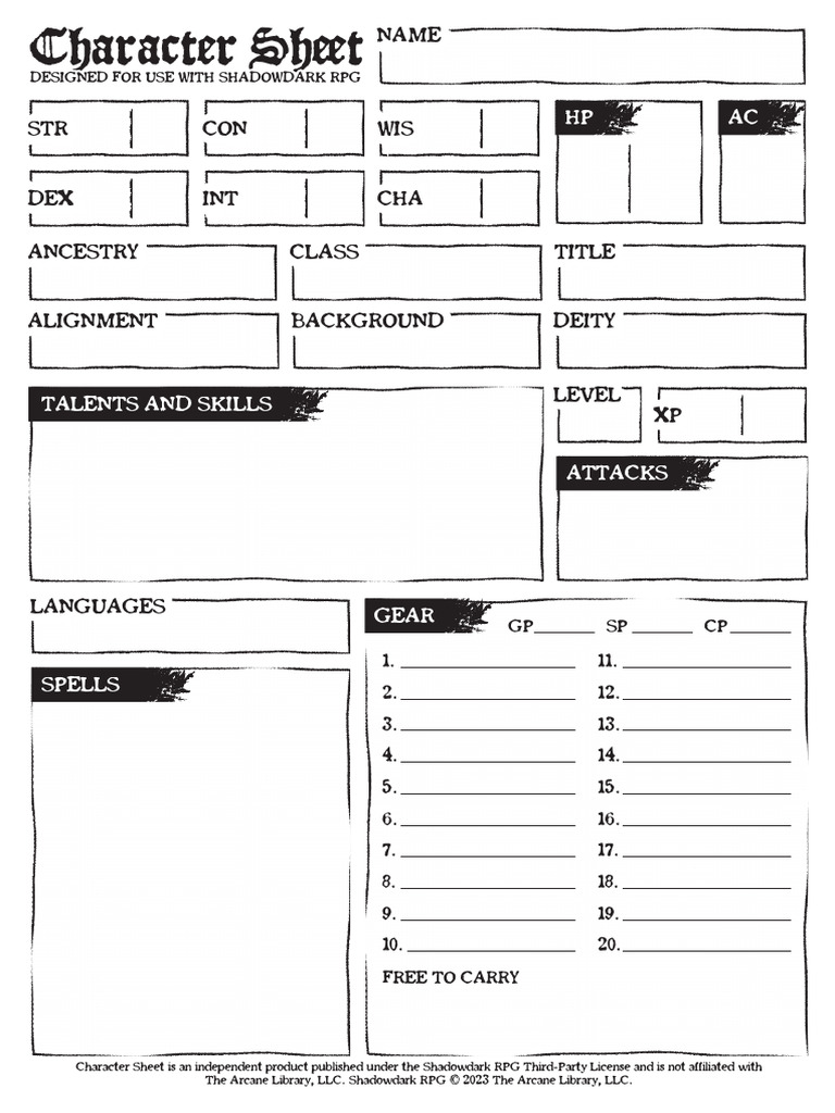Shadowdark RPG Character Sheet Template | PDF