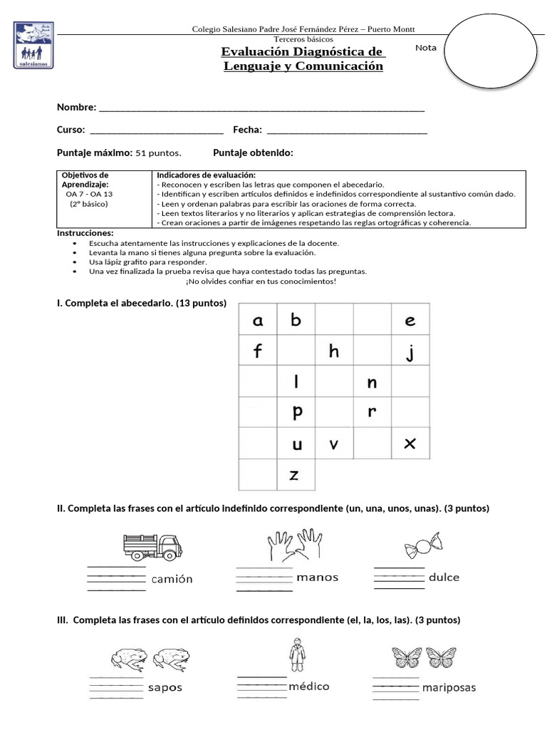 Evaluación Diagnóstica Lenguaje 3° Básico | PDF | Galleta