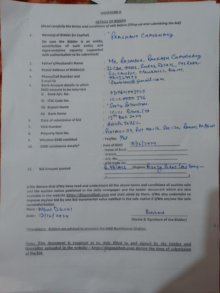 Prashant Chaudhary Bid Form | PDF
