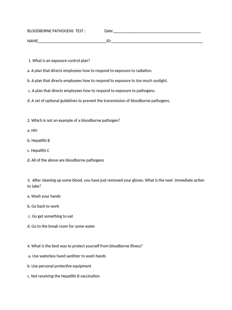 BLOODBORNE PATHOGENS TEST | PDF | Disinfectant | Pathogen