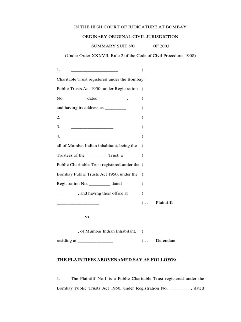 Summary Suit - Plaint | PDF | Cheque | Lawsuit