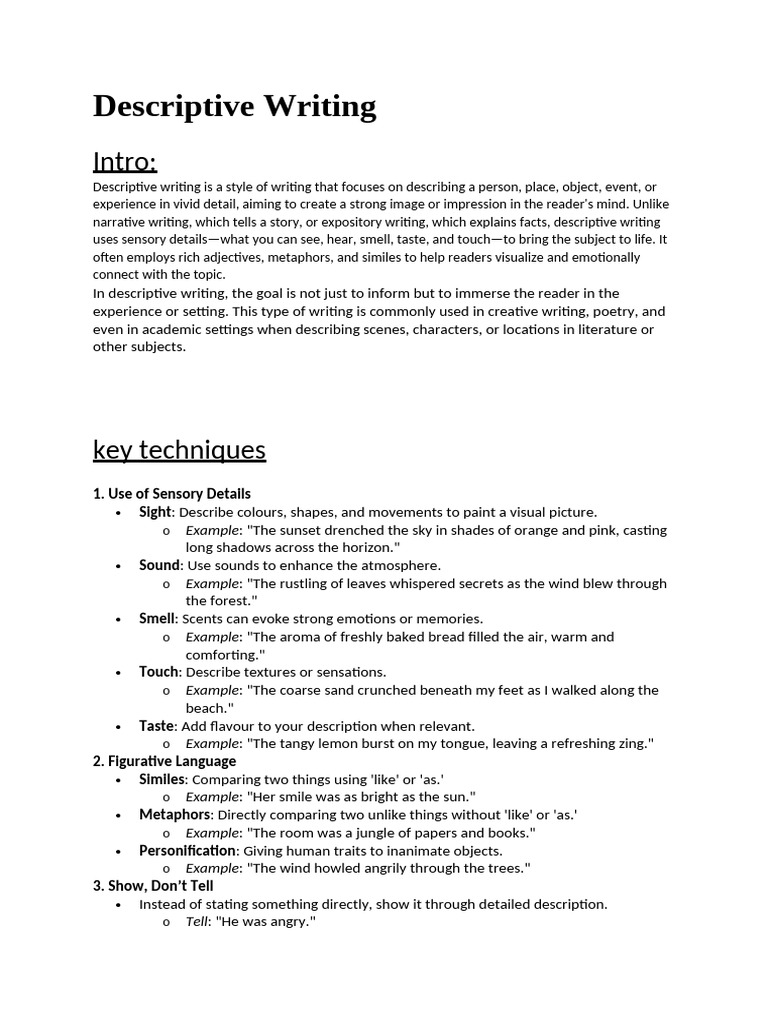 Descriptive Writing Booklet | PDF | Odor | Sky