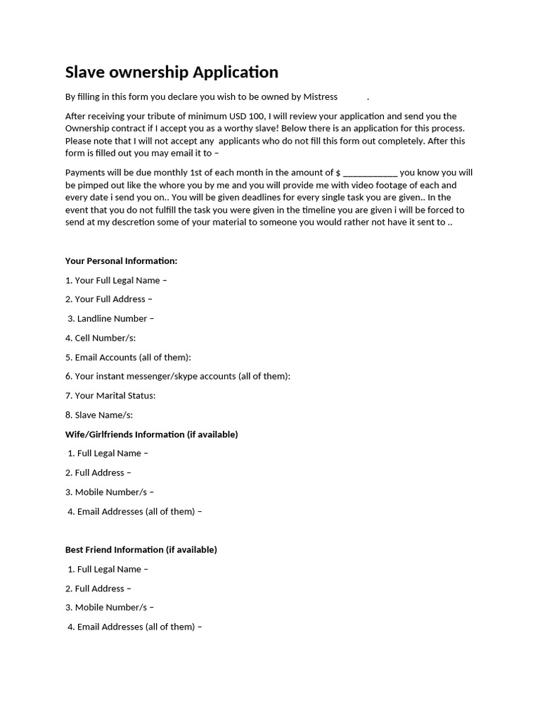 Slave Ownership Application Form | PDF