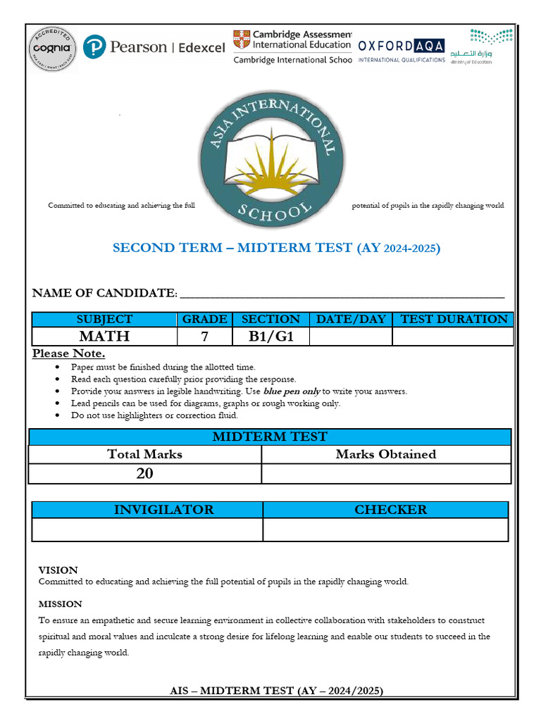 Grade 7 Midterm Math Exam 2025 | PDF | Mathematics