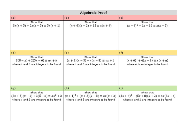 Algebraic Proof with Brackets Practice Grid | PDF