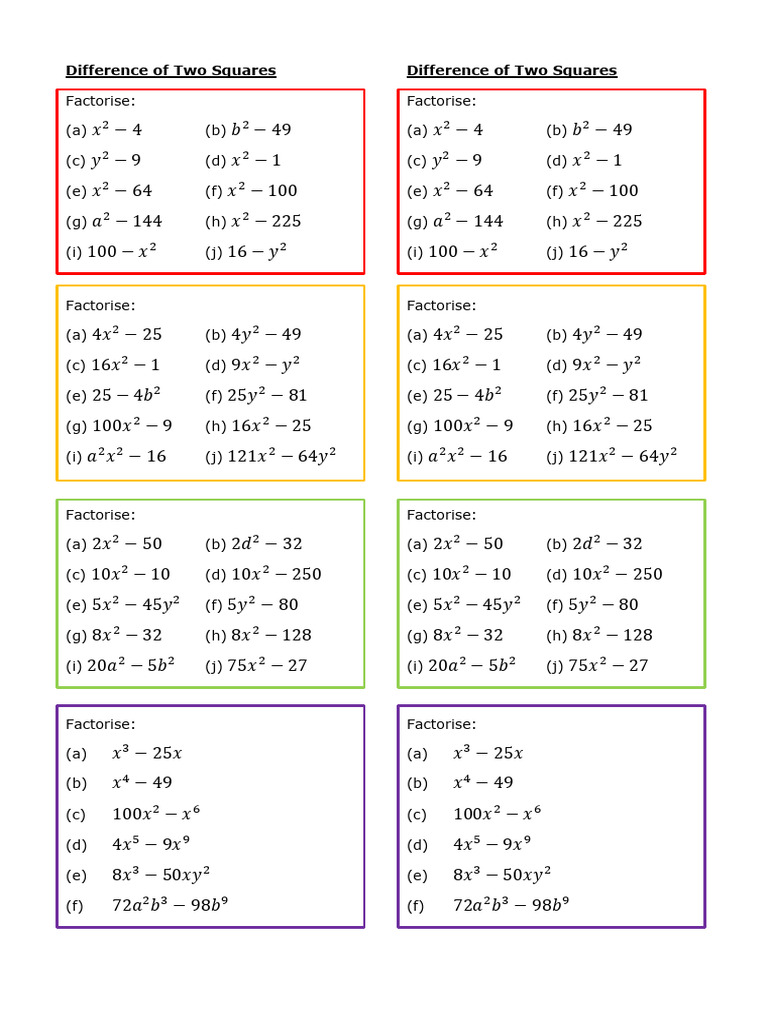 Difference of Two Squares Practice Strips | PDF