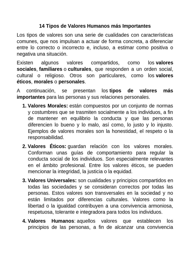 14 Tipos de Valores Humanos Clave | PDF | Comportamiento | Sociedad