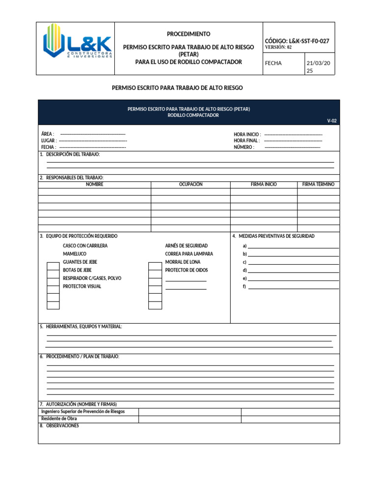P COR SIB 04.10 Permiso Escrito para Trabajos de Alto Riesgo PETAR V01RODILLO | PDF