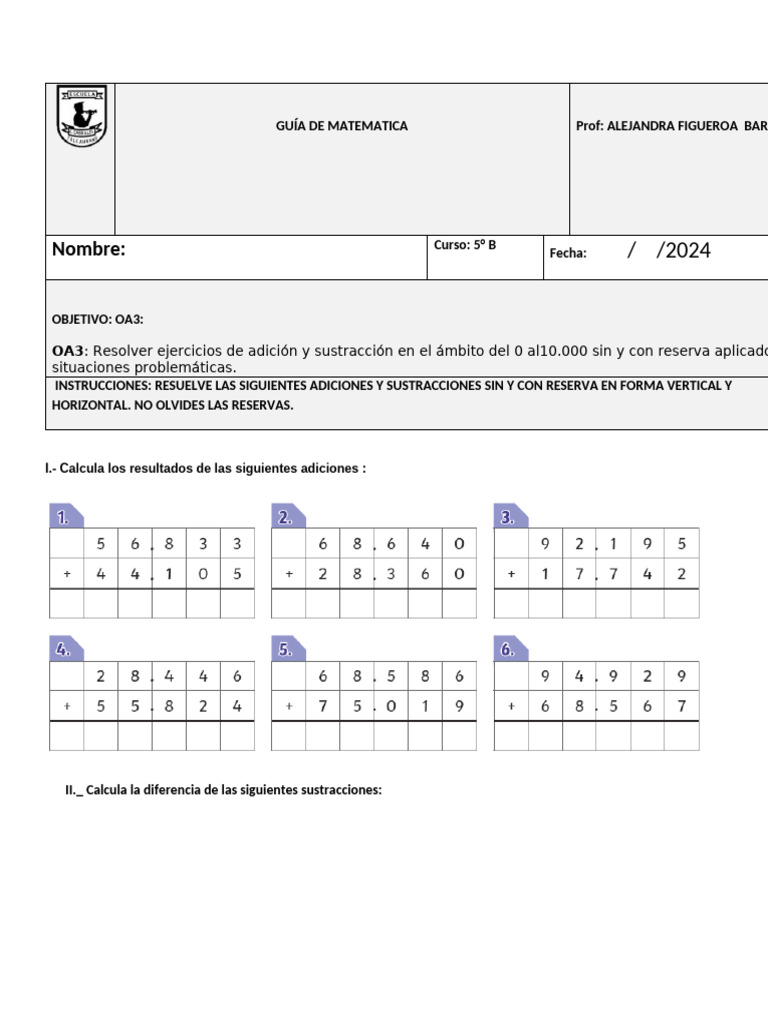 Guia 1 de Unidad Cero Suma y Resta | PDF