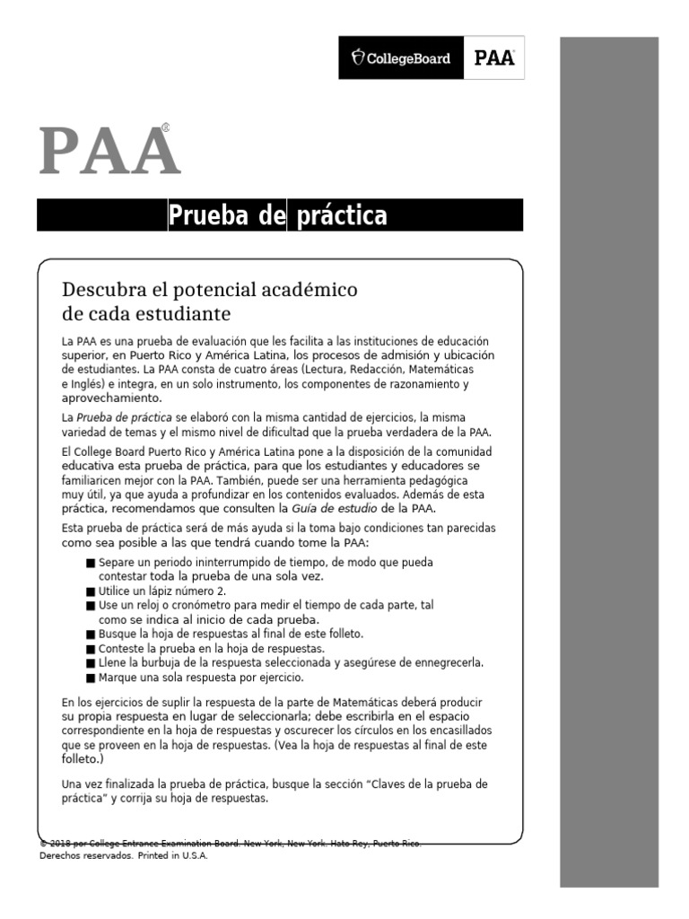 Prueba de práctica PAA: Guía y ejercicios | PDF | Belleza | Matemáticas