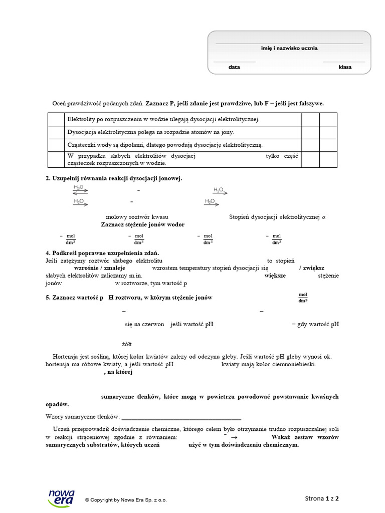 sprawdzian 6 reakcje chemiczne w roztworach wodn 2 | PDF