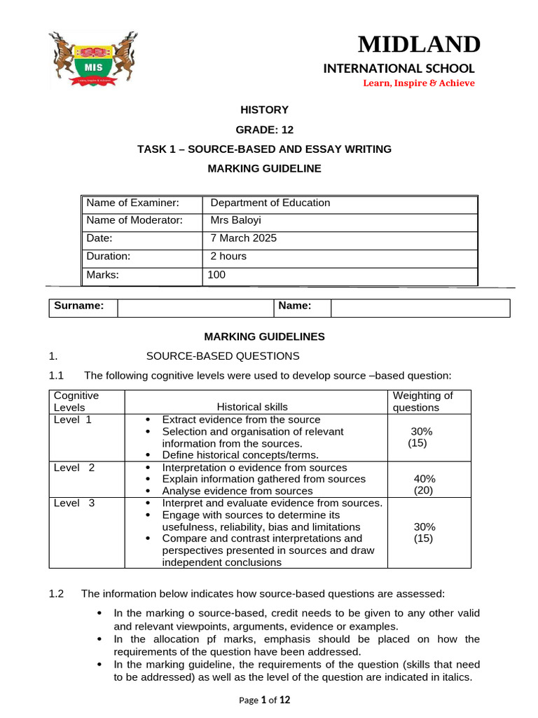 History Grade 12 TASK 1 Memo | PDF | Black Power | Essays