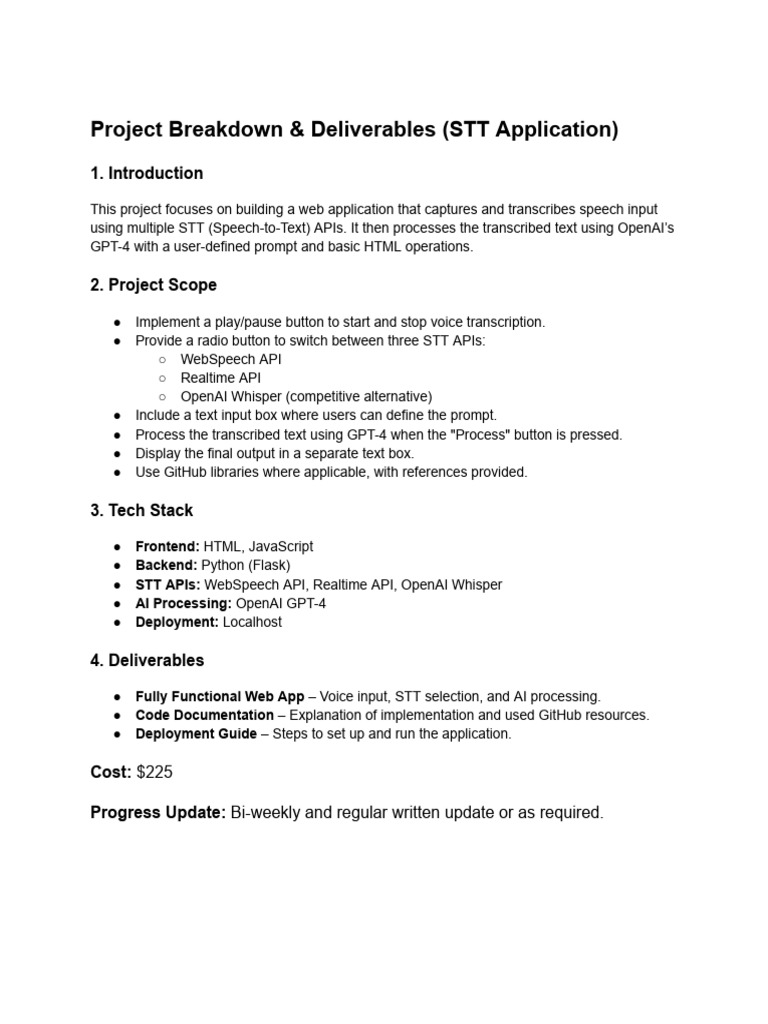 Project Breakdown & Deliverables (STT Application) | PDF