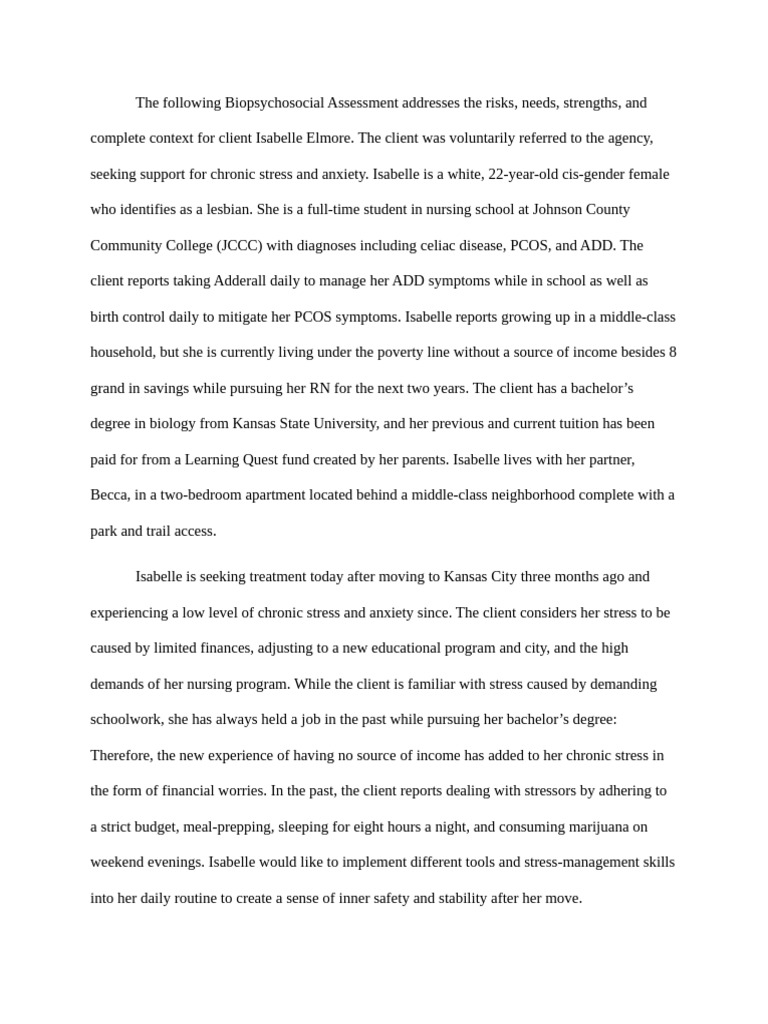 Biopsychosocial Assessment of Isabelle Elmore | PDF