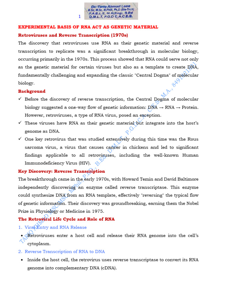 Retrvirus and Reversetranscriptase RNA As Genetic Material | PDF ...