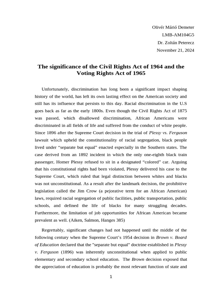 Olivér Márió Demeter - Essay of The Civil Rights Act of 1964 and The ...