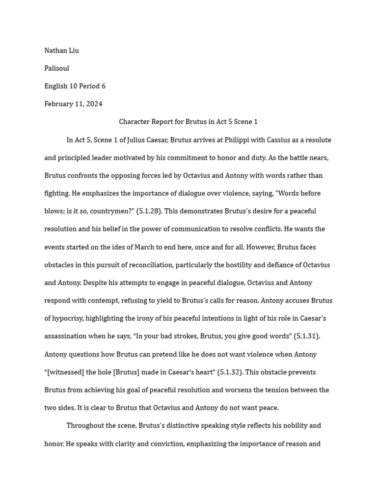 Character Report For Brutus in Act 5 Scene 1 of Julius Caesar | PDF ...