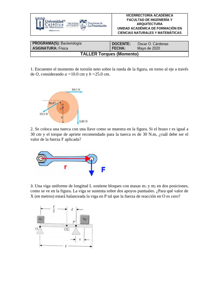 Taller Torque Fisica 2020 - I | PDF | Esfuerzo de torsión | Ingeniería mecánica