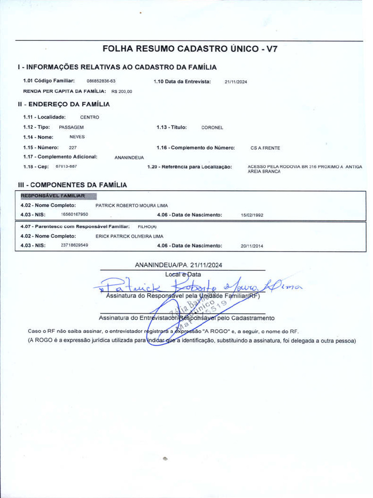 Patrick Roberto Moura Lima - Cad Unico | PDF