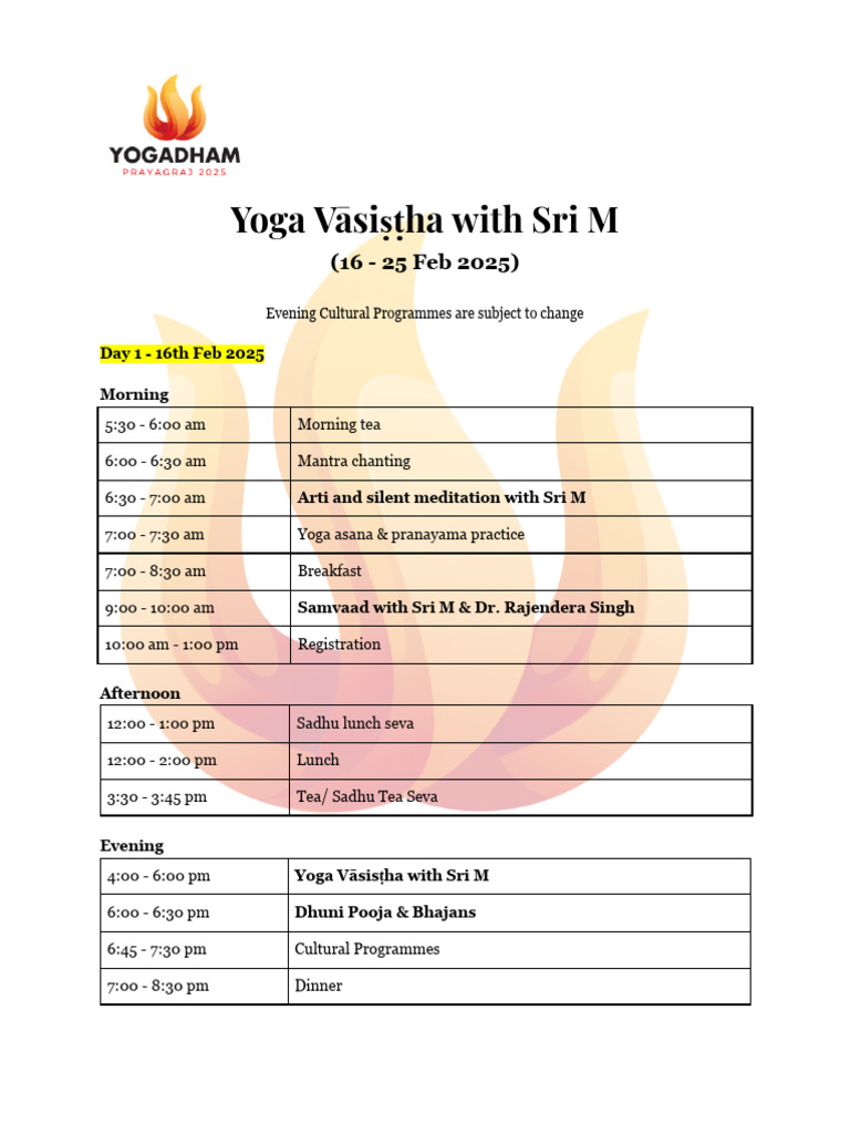 Yoga Vashishta Complete Schedule | PDF | Yoga | Indian Philosophy