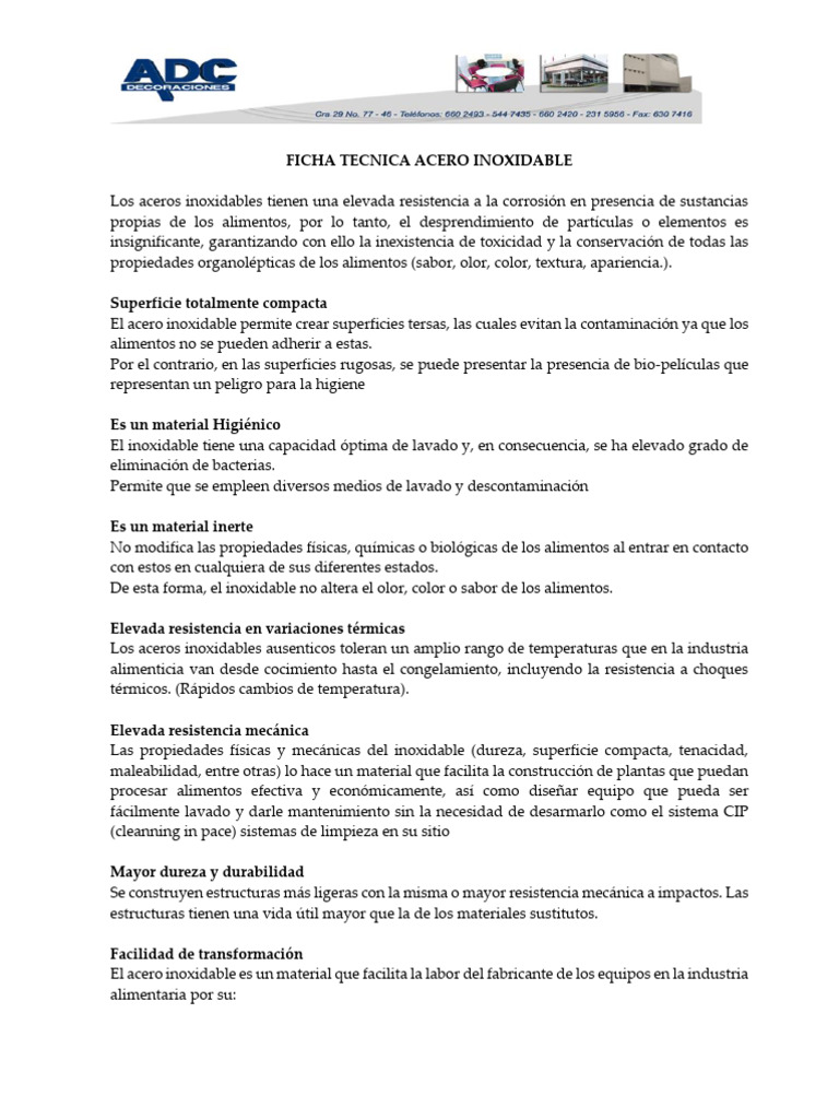 FICHA TECNICA ACERO INOXIDABLE | PDF | Acero | Alimentos