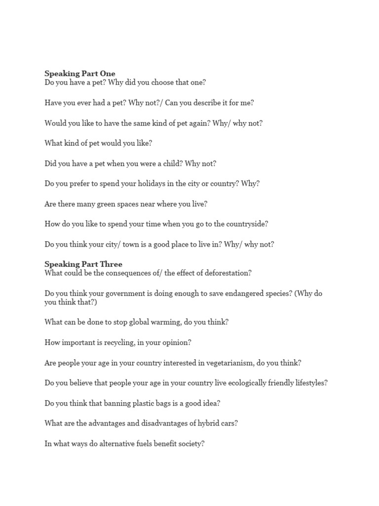 IELTS Speaking: Environment Topics | PDF