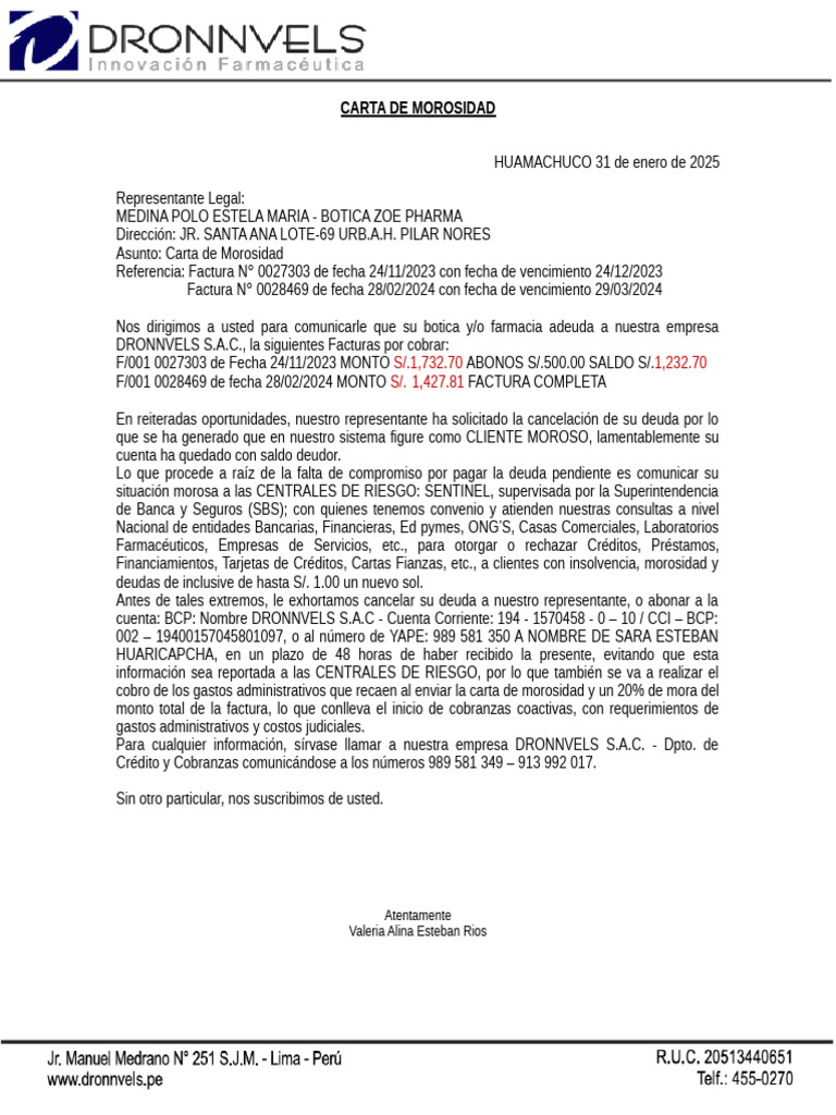 Carta de Morosidad B. Zoe Pharma | PDF | Bancos | Economias