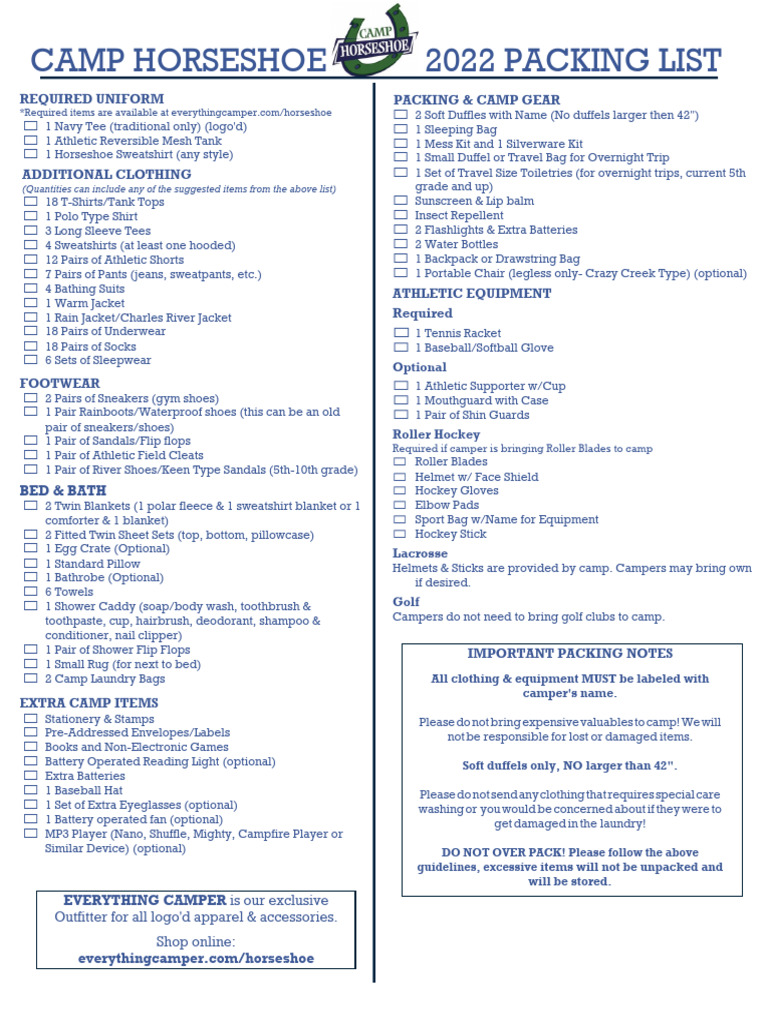 Camp Horseshoe 2022 Packing List | PDF | Shoe | Clothing