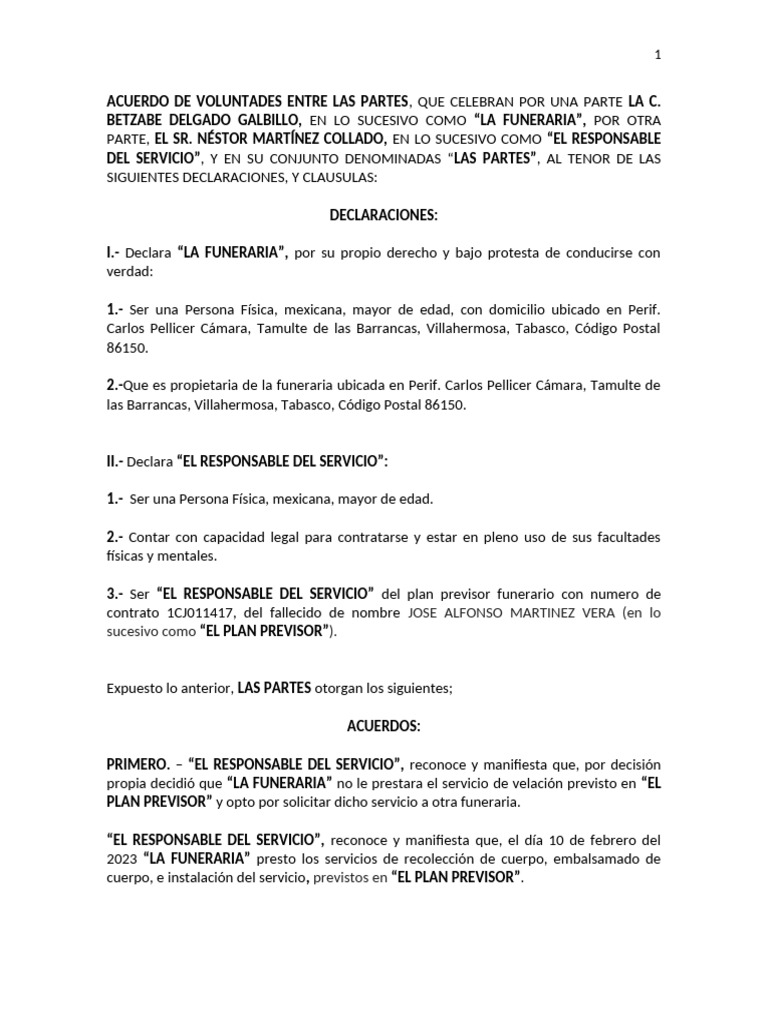 ACUERDO VOLUNTADES DEVOLUCIÓN - PLAN PREVISOR FUNERARIO - VILLAHERMOSA | PDF | Gobierno | Justicia