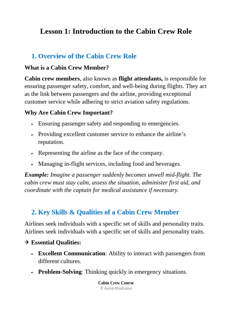 Lesson 1 Introduction to the Cabin Crew | PDF | Flight Attendant | Aviation