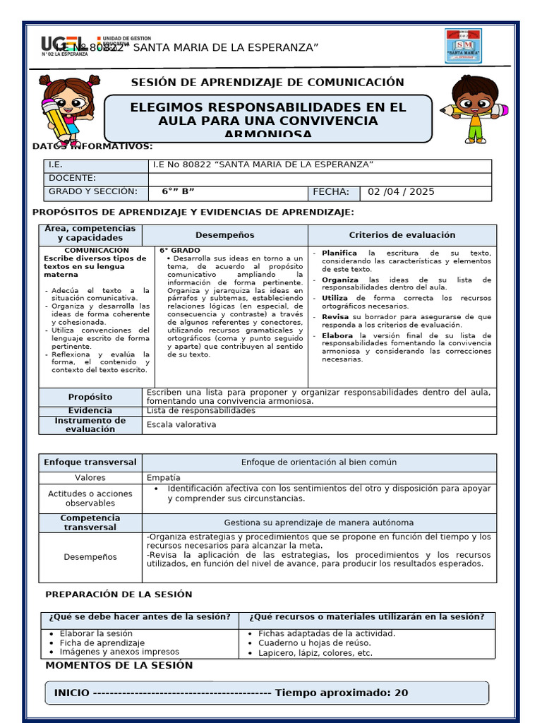 Ses-Mierc-Com-Elegimos Responsabilidades en El Aula para Una Convivencia Armoniosa | PDF | Salón ...