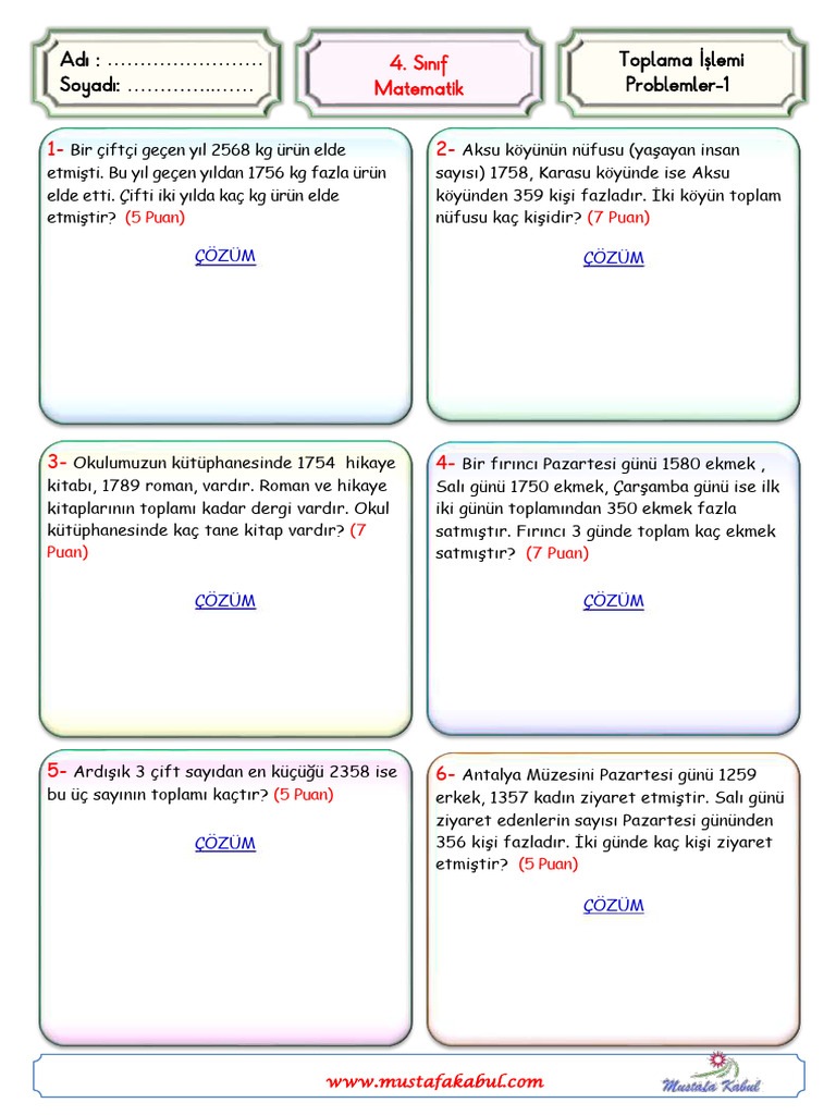 4-Matematik - Toplama İşlemi - Problemler-1 | PDF