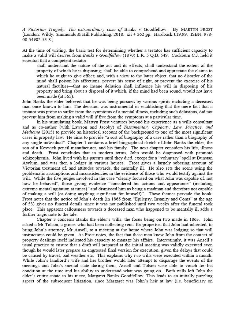 Banks v Goodfellow: Testamentary Capacity | PDF | Will And Testament ...