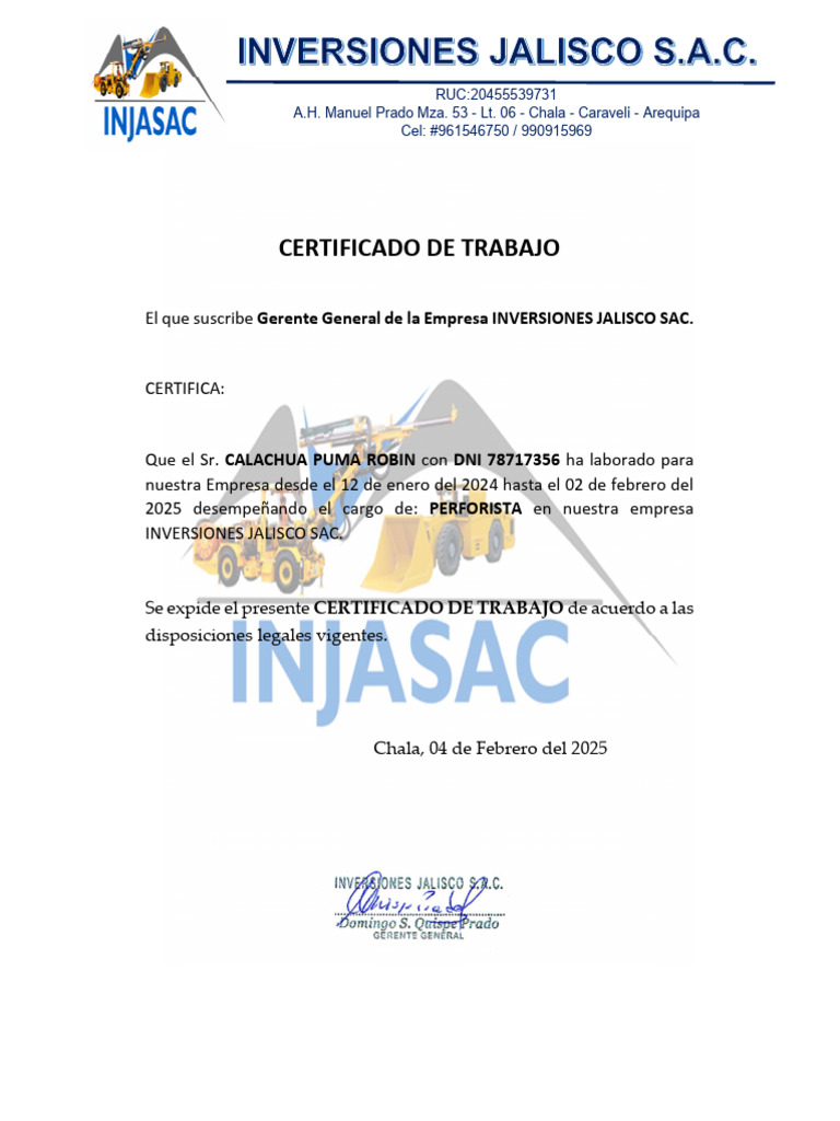 Certificado de Trabajo Calachua Puma Robin | PDF