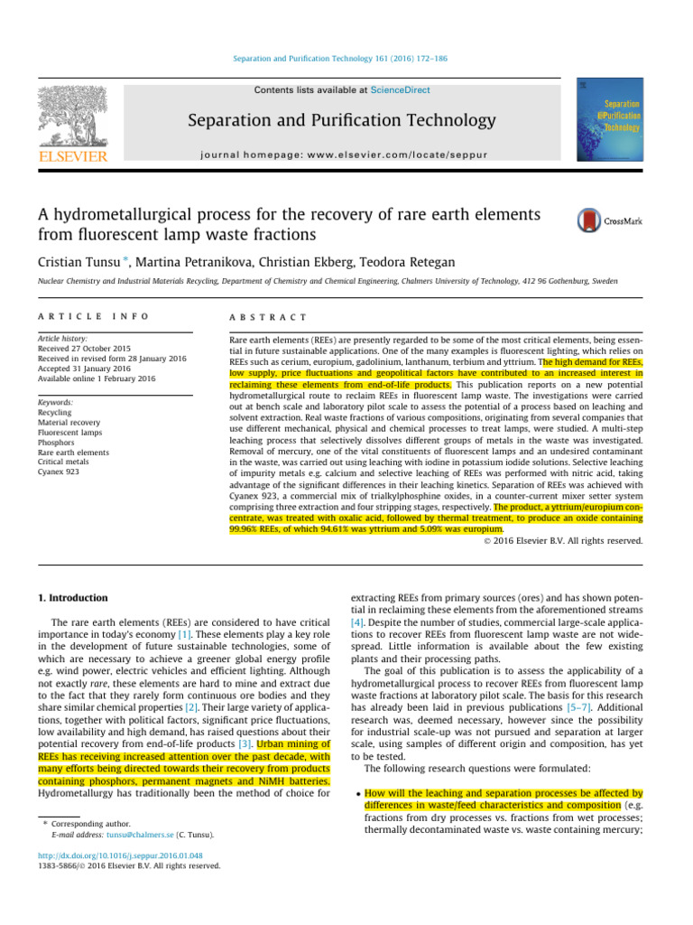 Hydrometallurgical Recovery of REEs | PDF | Fluorescent Lamp | Calcium