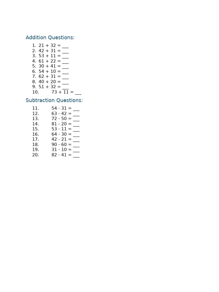 Math Addition and Subtraction Questions | PDF