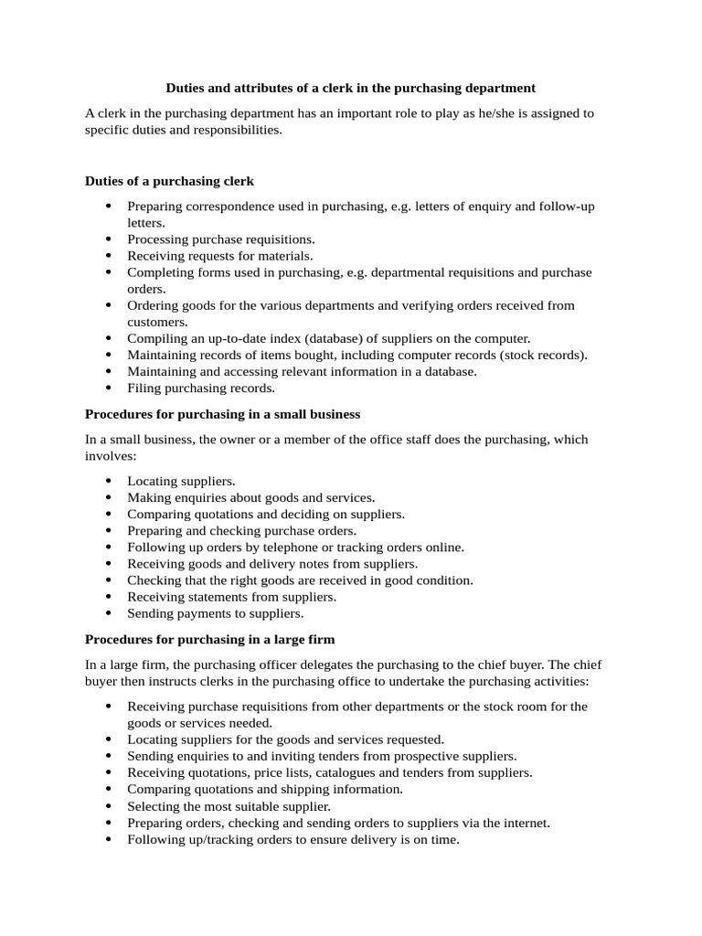 Duties and Attributes of A Clerk in The Purchasing Department | PDF ...